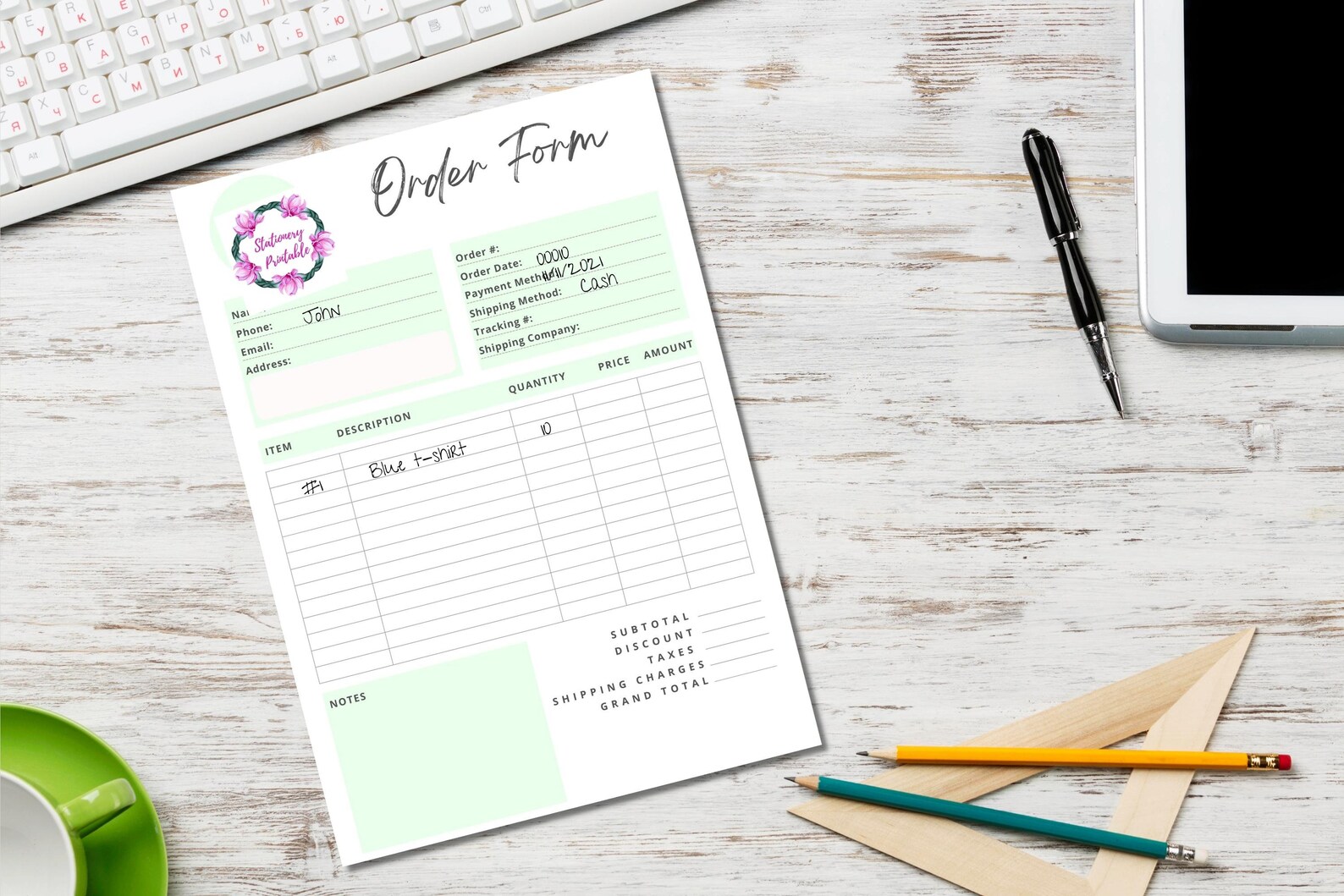Green Printable Crafters Order Form. Custom Order Form Template for ...