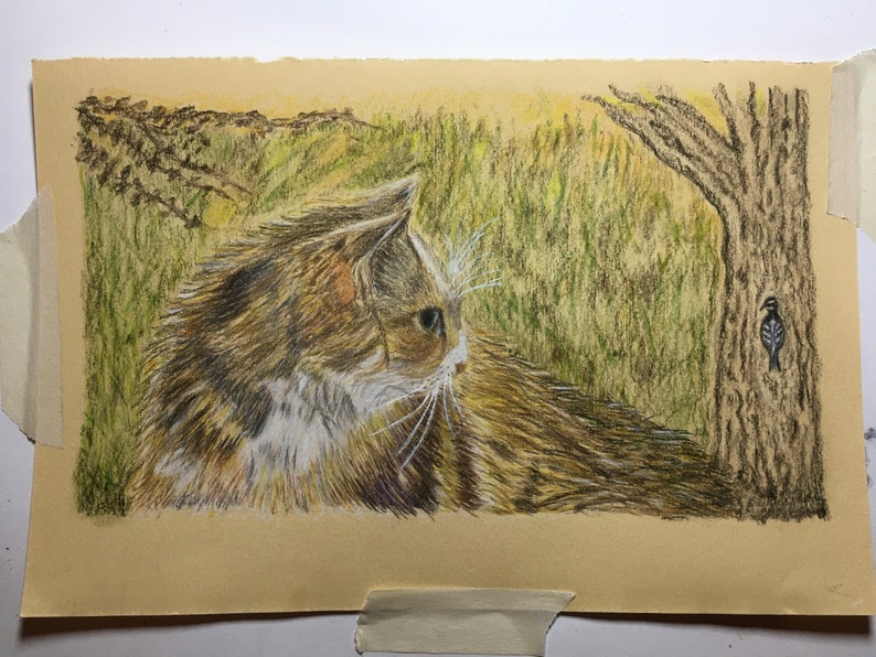Field Cat, Original Art, Cottage Core, Cat and Bird Art, Brown Tabby ...