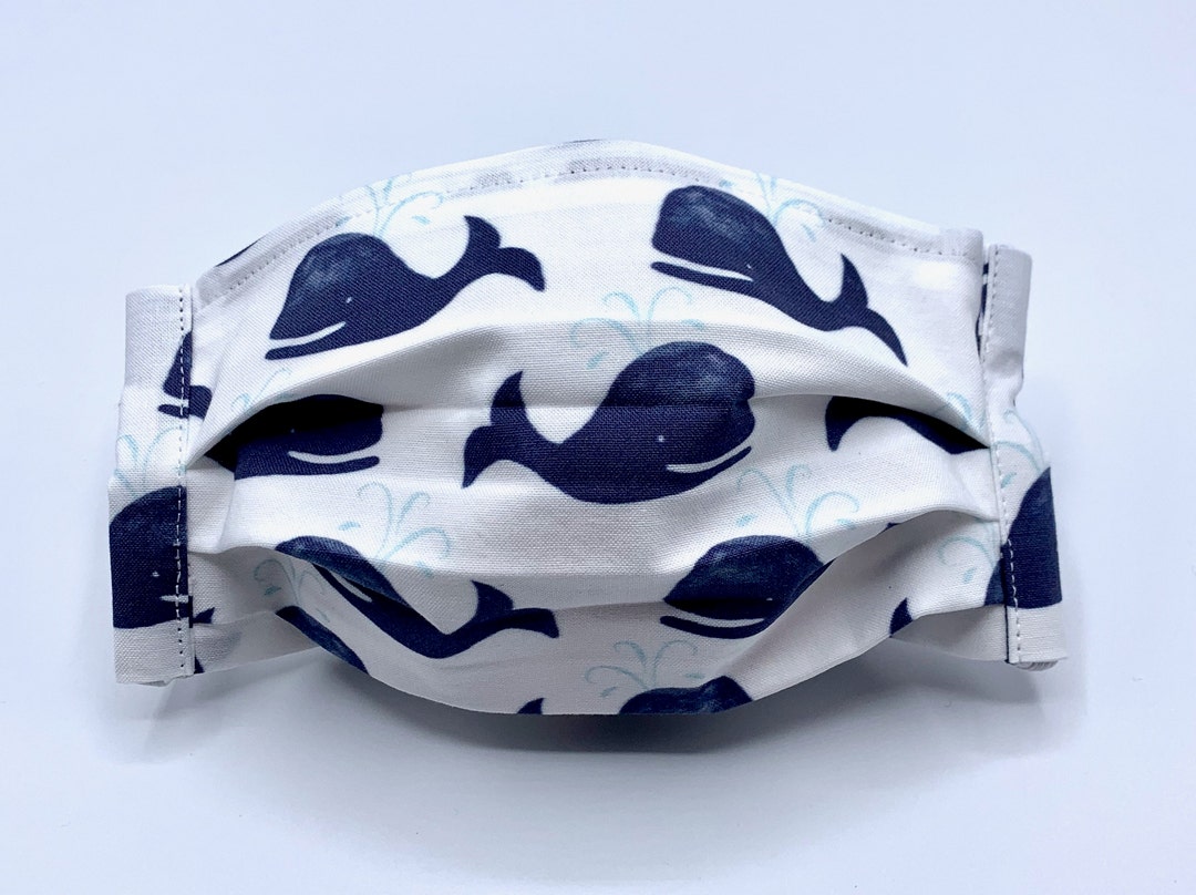 Whale Face Mask for Adults, Happy Whales, White With Navy, Nose Wire ...