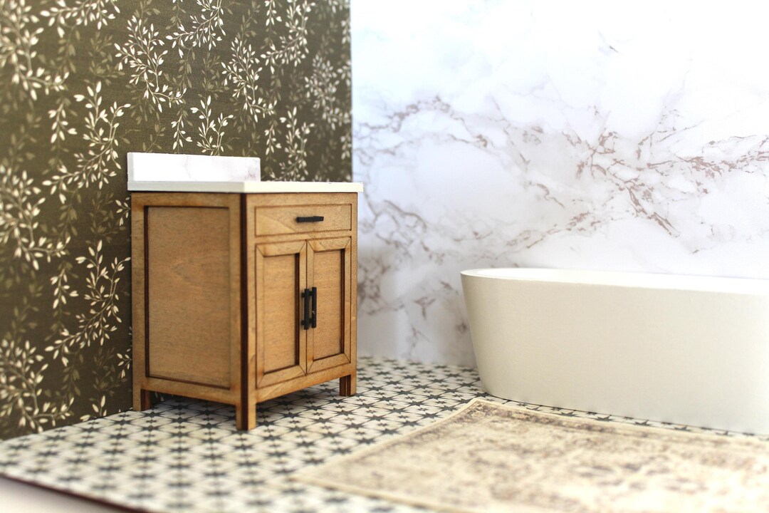 Dollhouse Single Vanity Stained Wood Miniature Bathroom Vanity for 1:12 ...