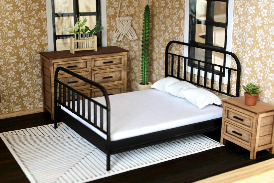 1:12 Scale Wood Dollhouse Bed Frame Kit With Mattress | Queen Sized ...