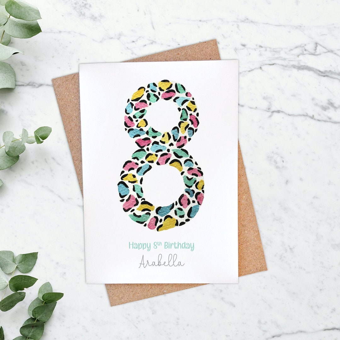 Personalised 8th Birthday Card, Rainbow Leopard Print - Etsy