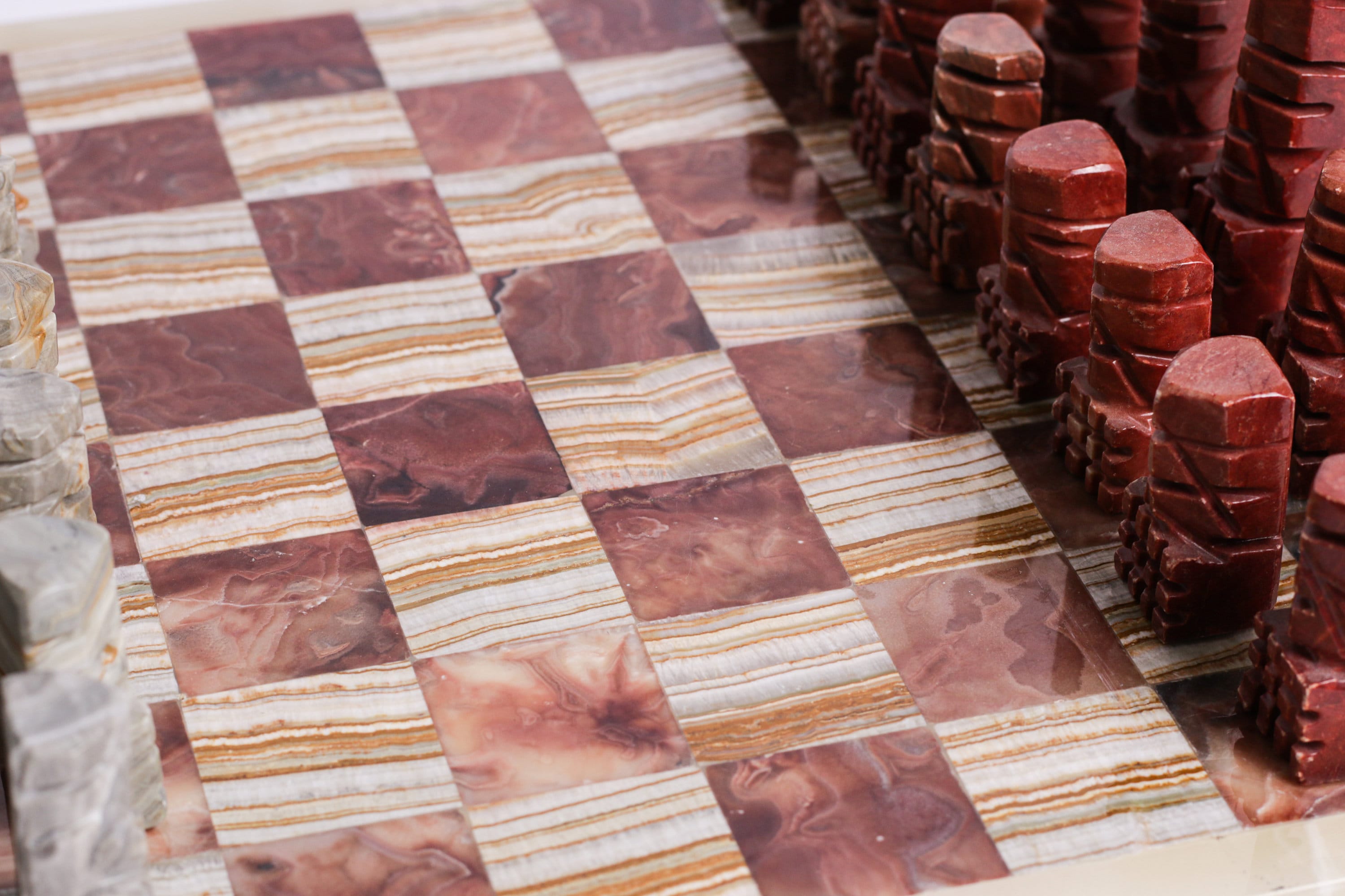Vintage Onyx Aztec Style Stone Chess Pieces and Chess Board, Full Set ...