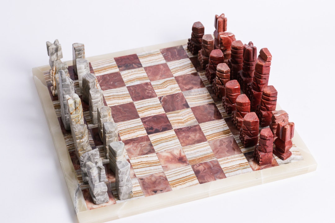 Vintage Onyx Aztec Style Stone Chess Pieces and Chess Board, Full Set ...