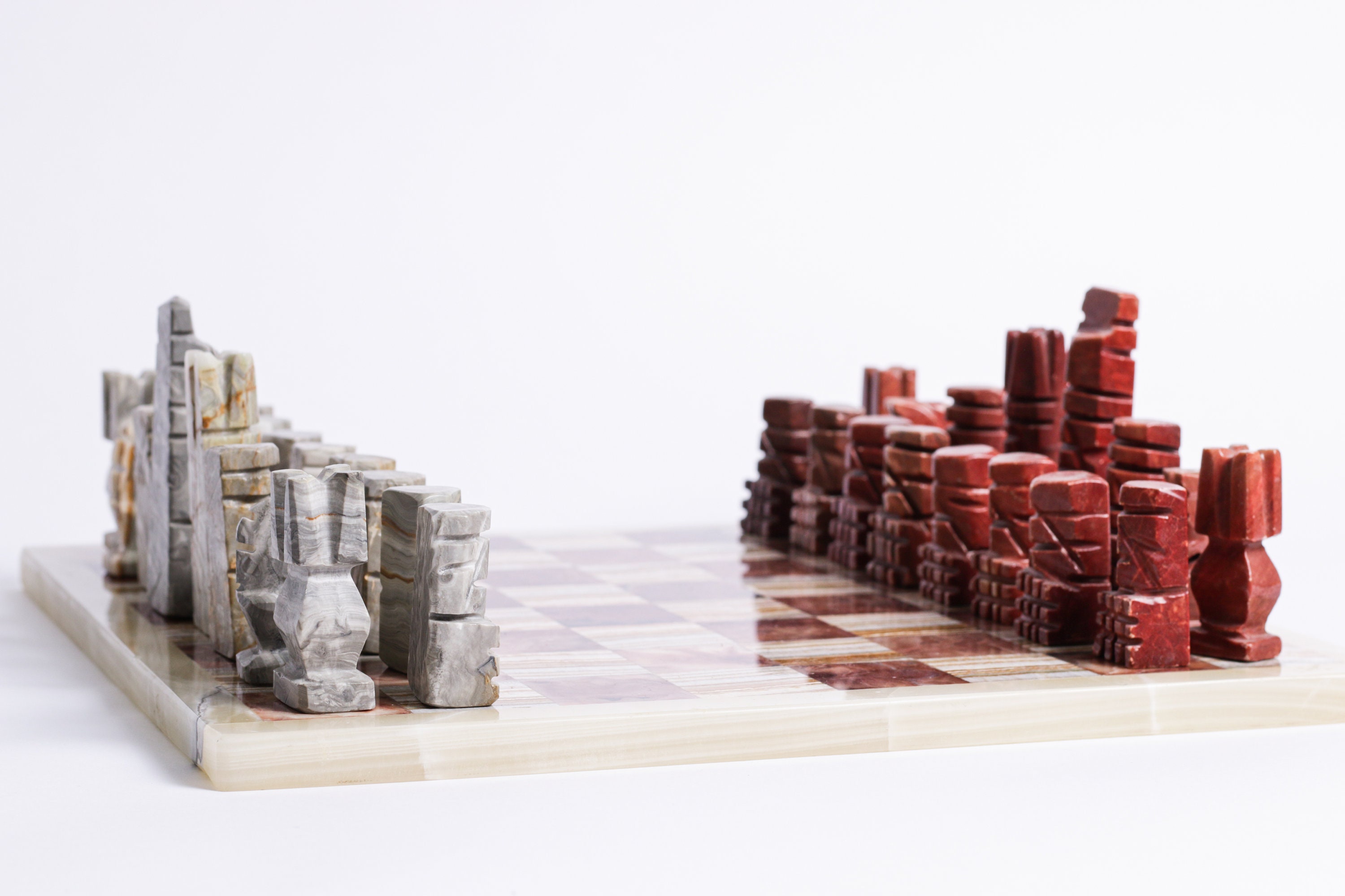 Vintage Onyx Aztec Style Stone Chess Pieces and Chess Board, Full Set ...