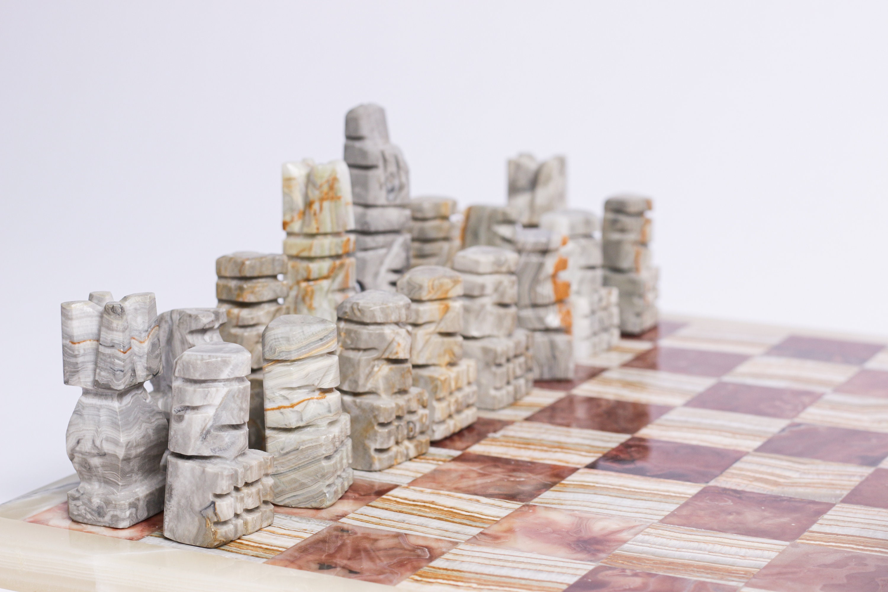 Vintage Onyx Aztec Style Stone Chess Pieces and Chess Board, Full Set ...