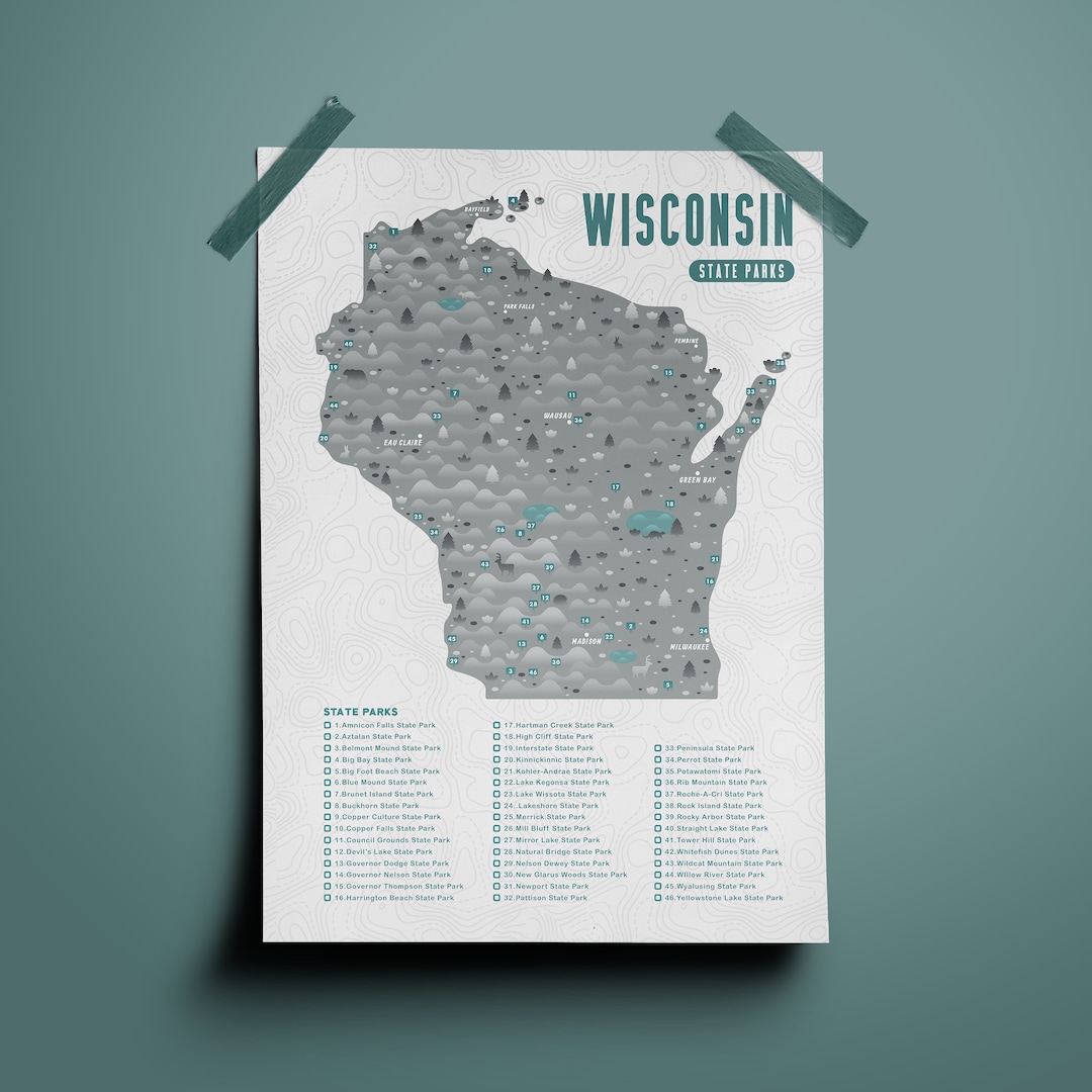 Wisconsin State Park Map Checklist 12 x 18 Inches - Etsy Portugal