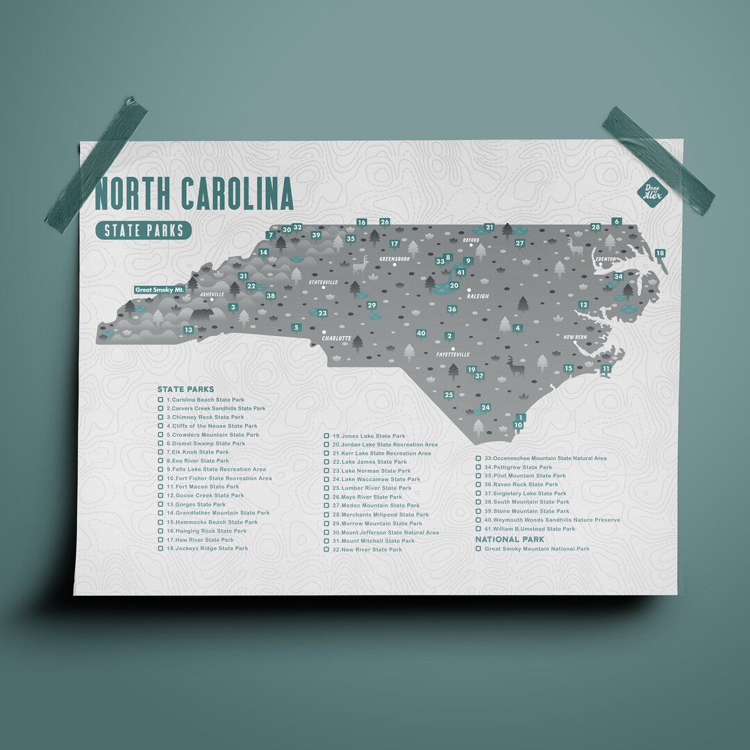 North Carolina State Park Map Checklist 12 X 18 Inches - Etsy UK