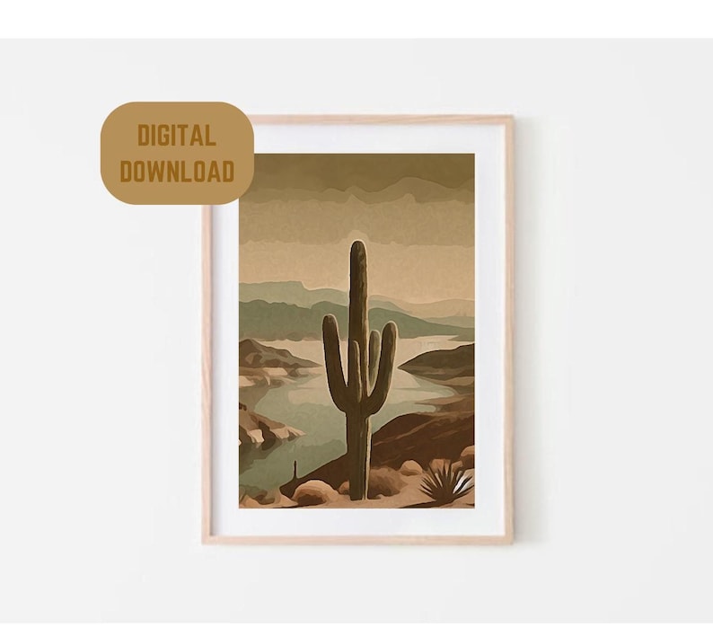 Desert Landscape Digital Art Print Southwestern Cactus and River Wall ...