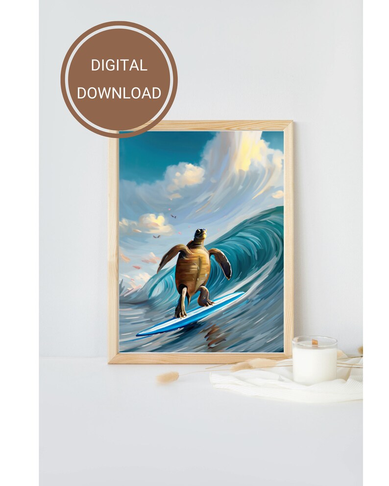 Surfing Turtle Art Print | Whimsical Ocean Illustration (digital ...
