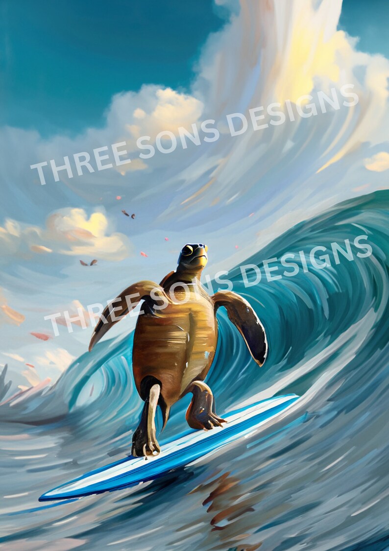 Surfing Turtle Digital Download Whimsical Ocean Art Print Beach Decor ...