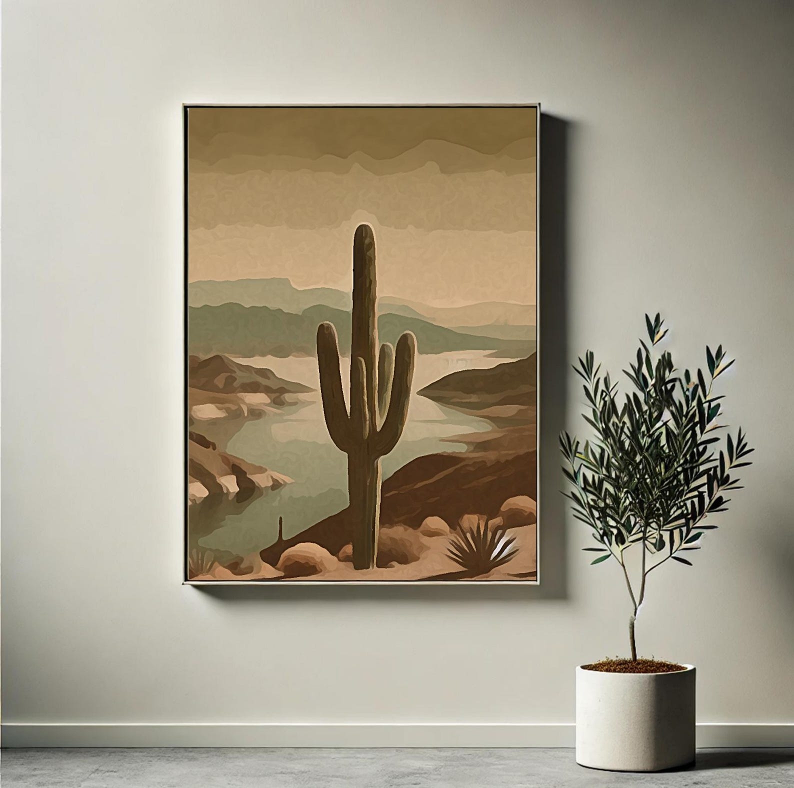 Desert Landscape Digital Art Print Southwestern Cactus and River Wall ...