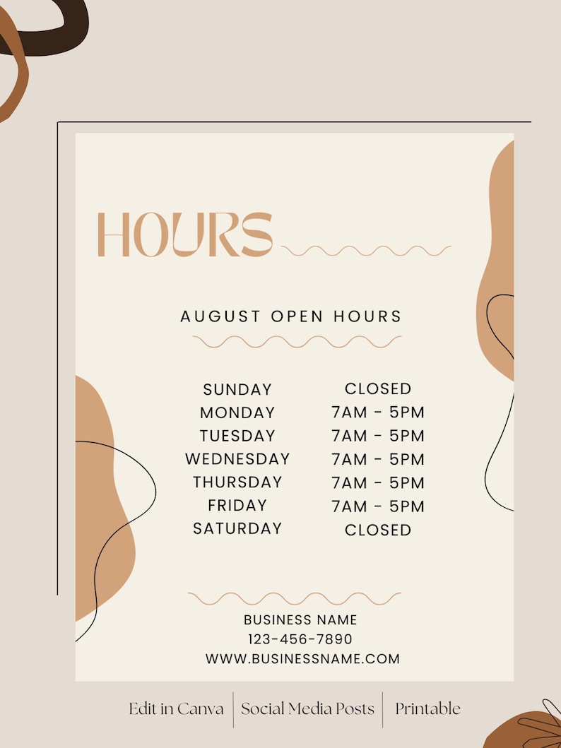 Editable Store Hours Sign | Boutique Business Template (digital File ...
