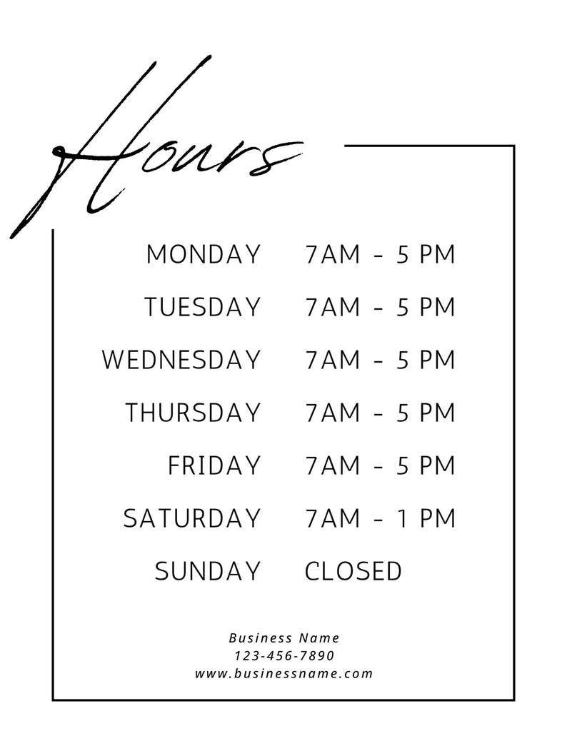 Editable Store Hours Sign | Business Hours Template (digital File) - Etsy