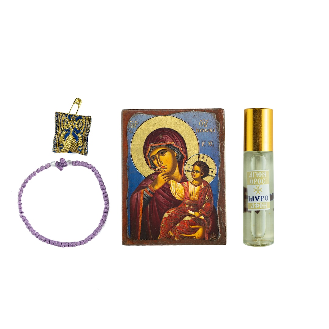 Panagia Paramythia Icon, Prayer Rope, Myrrh, and Amulet Gift Set From ...
