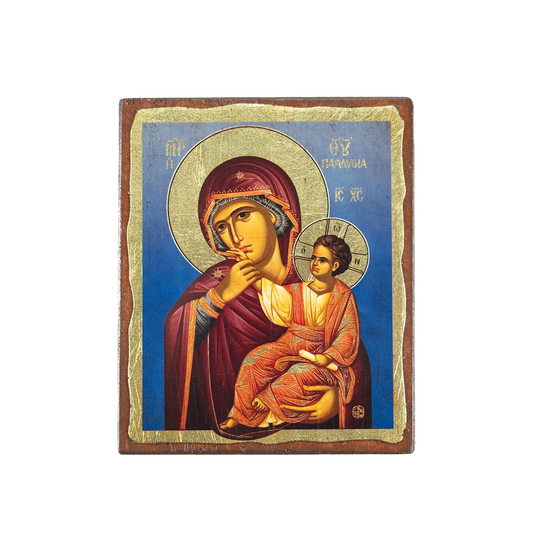 Mother of God Paramithia Wooden Aged Icon on Canvas With Coloured ...
