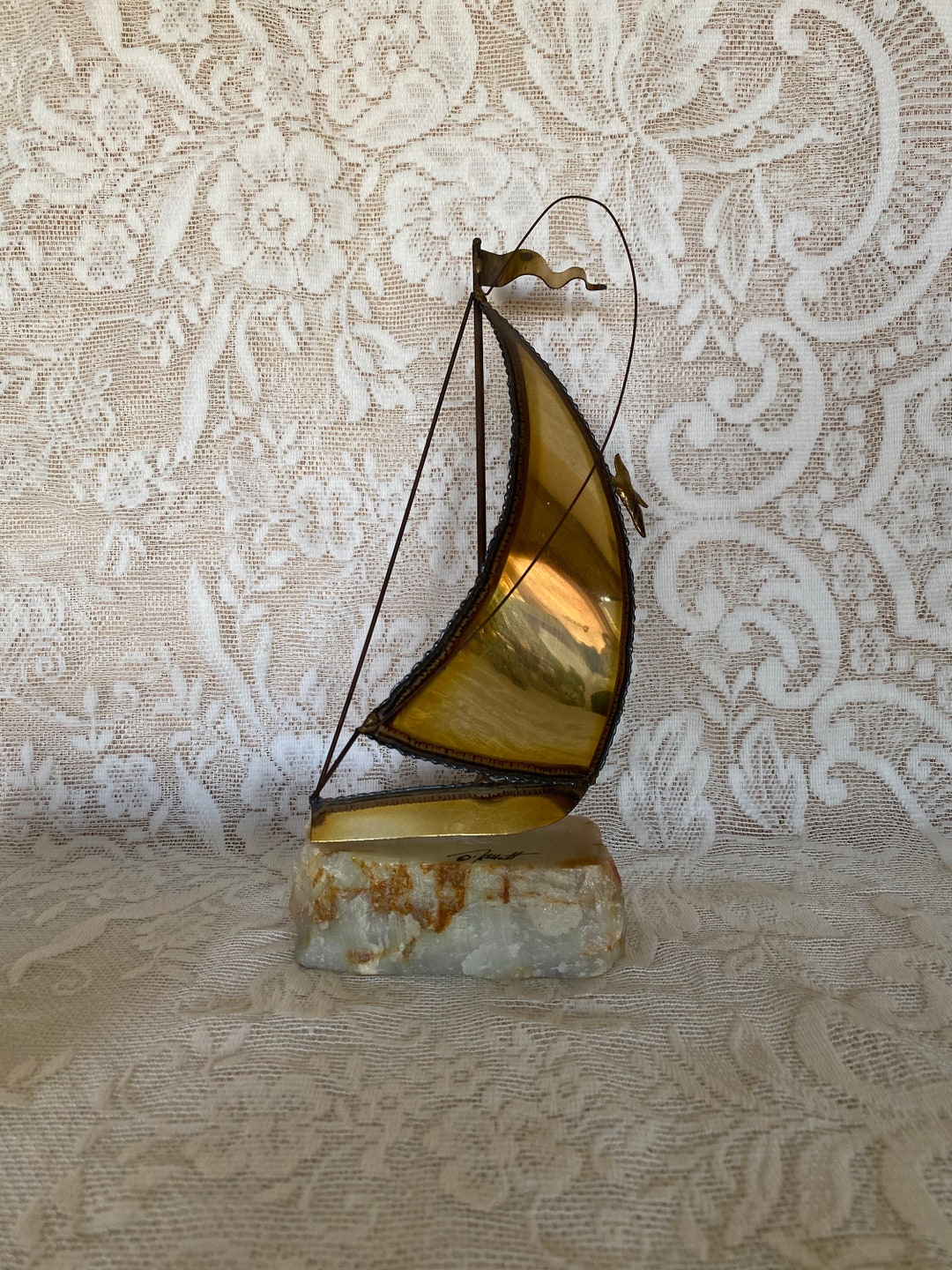 John Demott Brass and Stone Sailboat Sculpture Artist Signed Brutalist ...