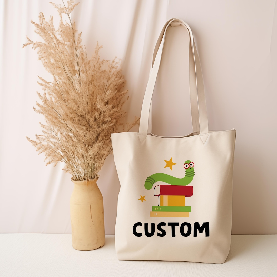 Bookworm Custom Name Kids Tote Bag, Kids Library Bag, Custom Name Gift ...