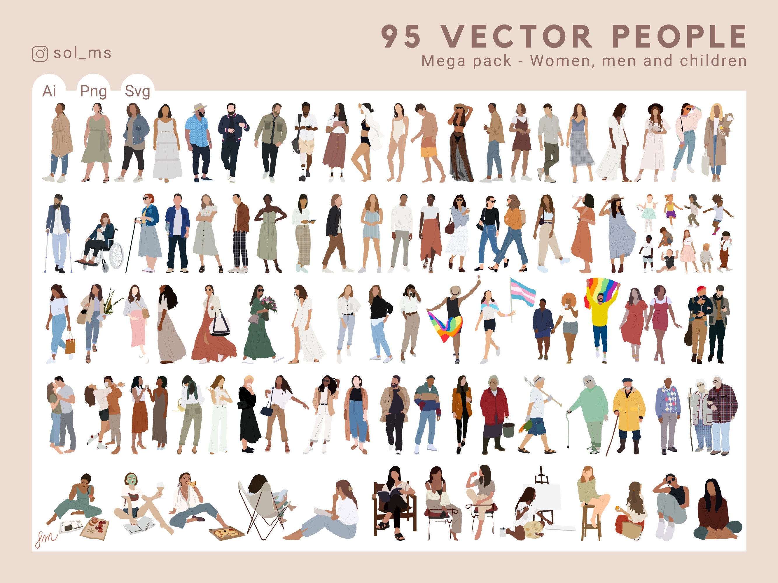 95 VECTOR PACK Flat Vector Cutout People Ai Png Svg Male, Female, Kids ...