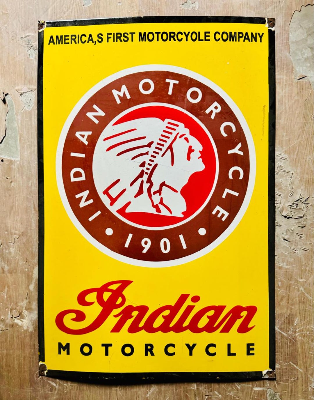 Antique Rare Indian Motorcycle 36x18 Inches Vintage Enamel Single Sided ...