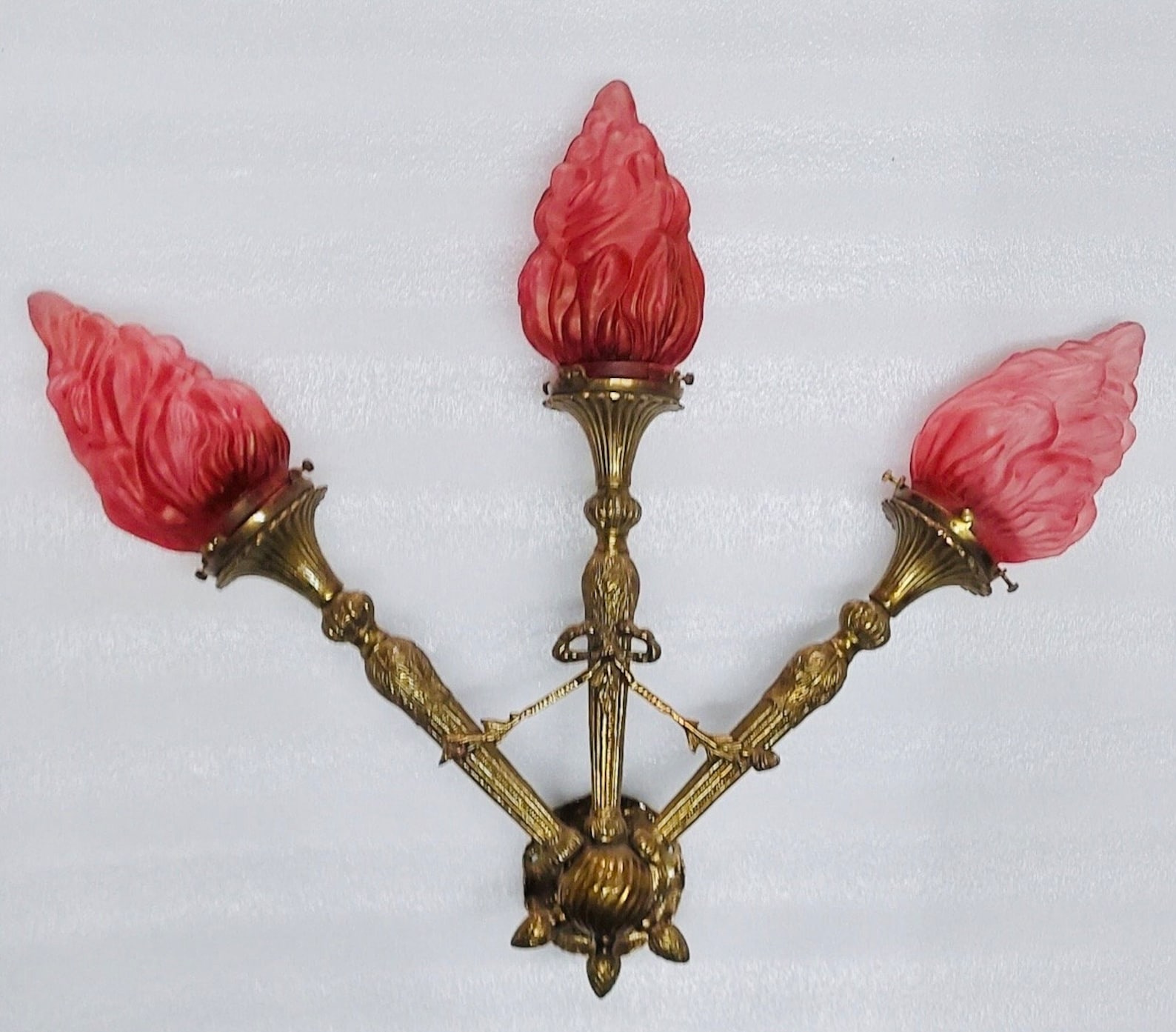 Pair of Antique Vintage Art Deco Nouveau Brass & Red Glass Shades ...