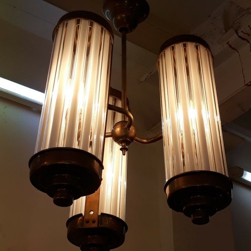 Vintage Art Deco Brass & Milk Glass Rod Ceiling Fixture - Etsy