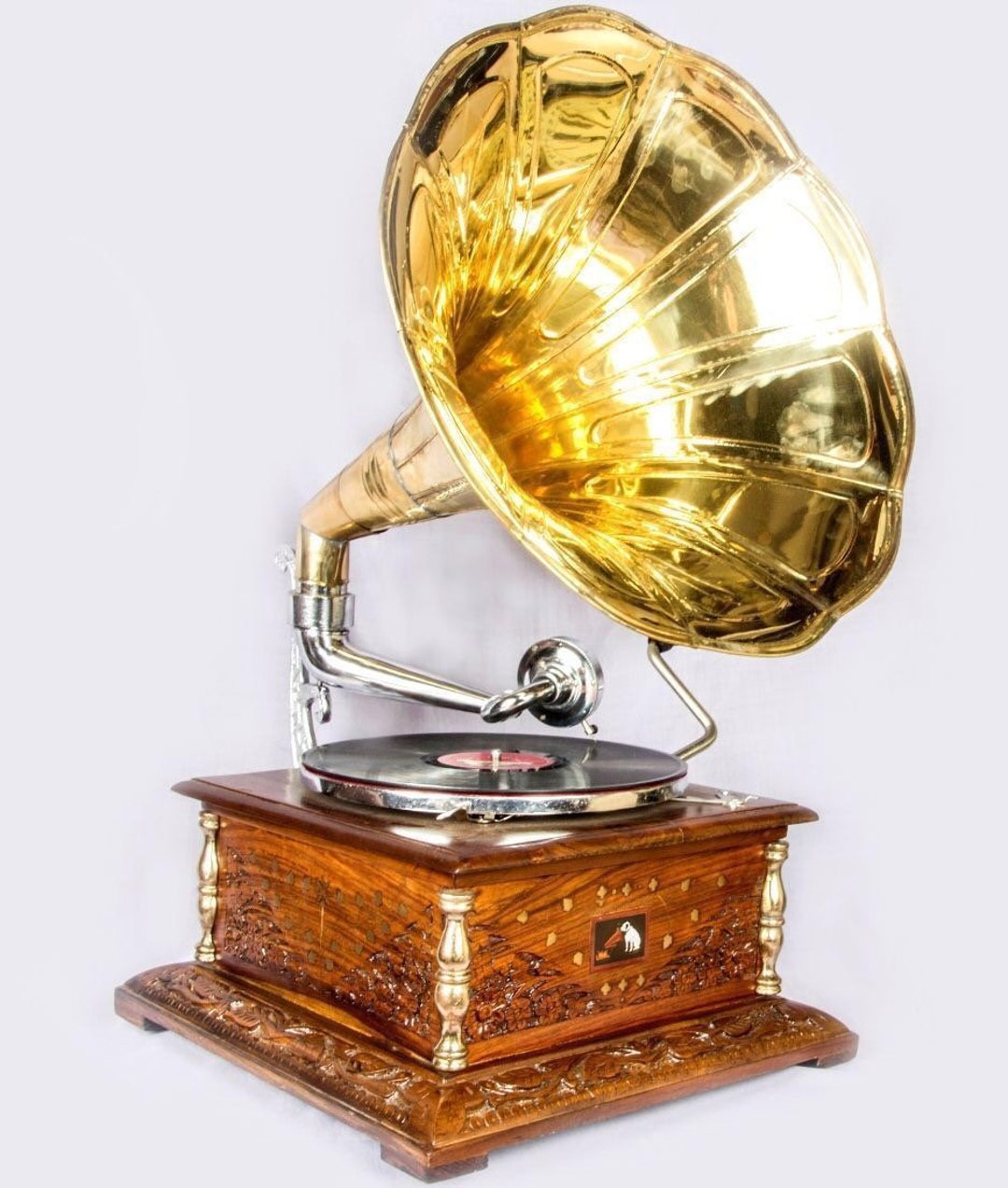 Vintage Replica HMV Phonograph Gramophone Record Player Fully Functional Recreation With Horn ...