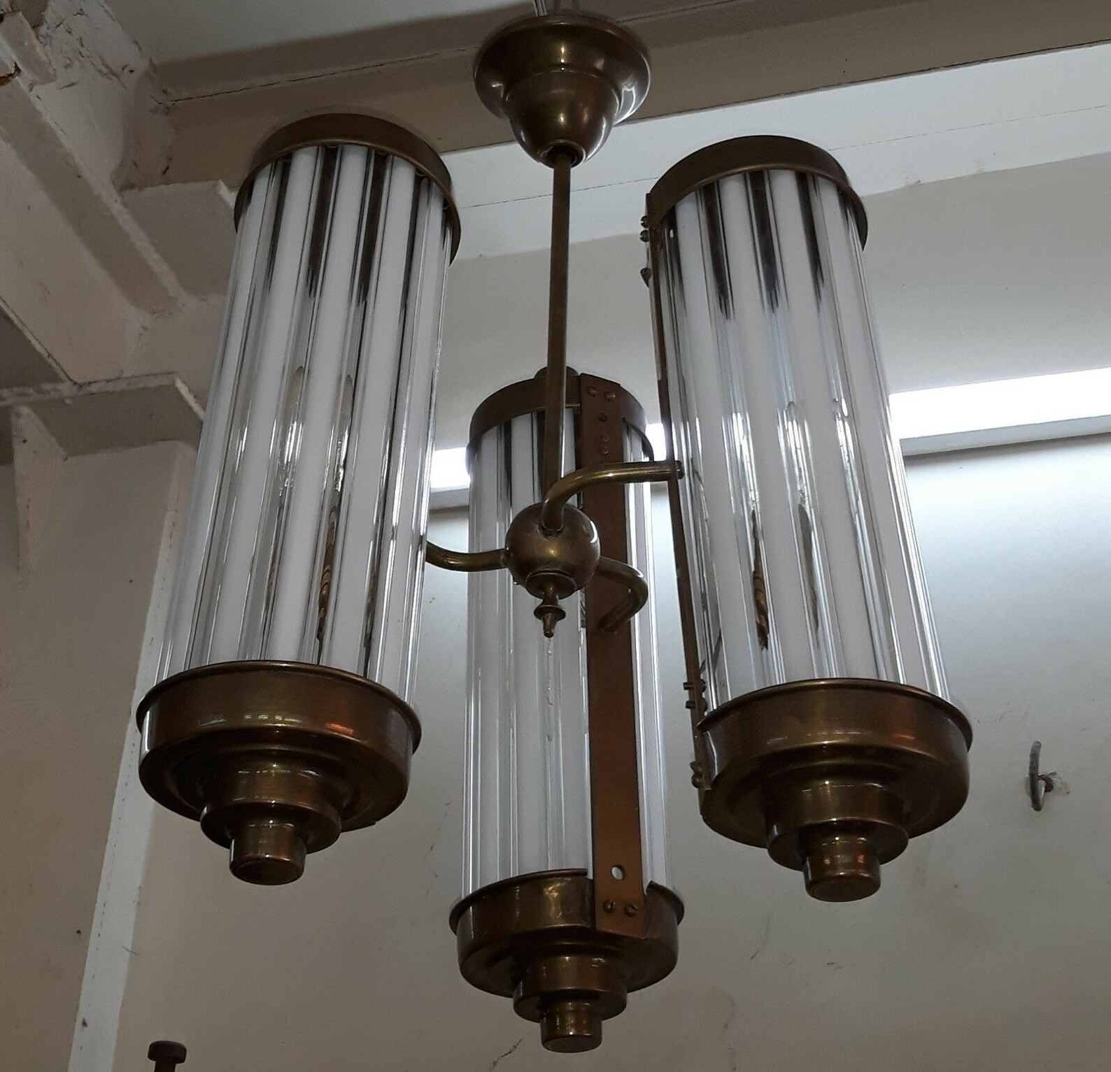 Vintage Art Deco Brass & Milk Glass Rod Ceiling Fixture Chandelier ...