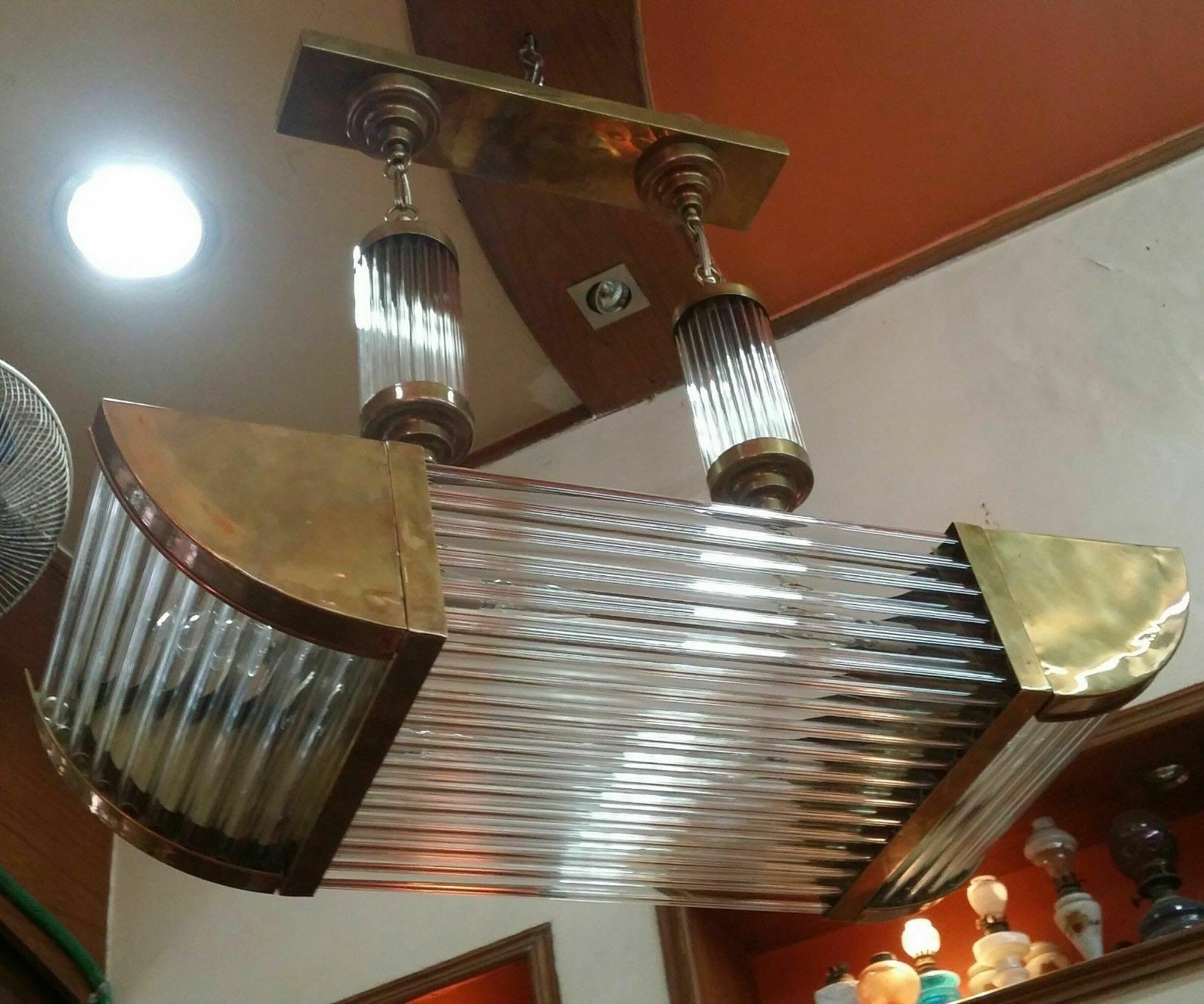 Vintage Art Deco Brass & Glass Rod Ceiling Fixture 6 Light Ship ...