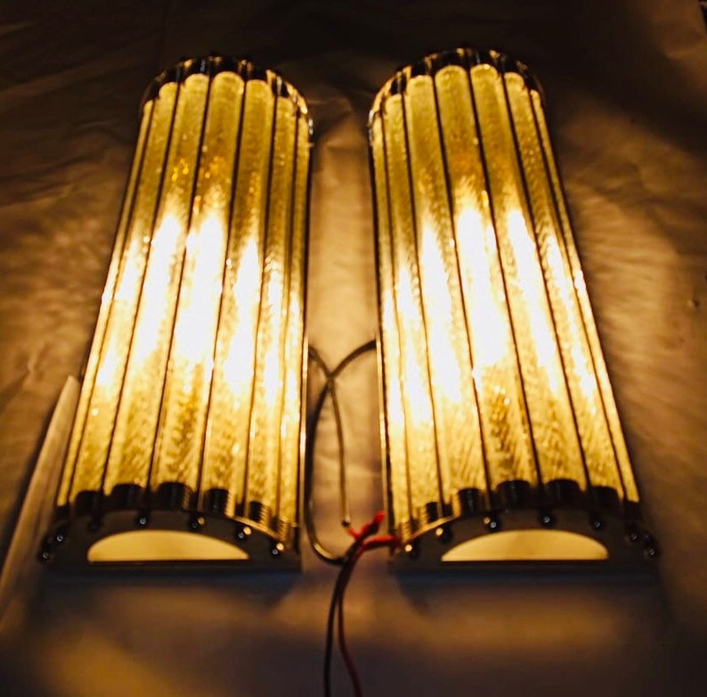 Pair of Antique Vintage Art Deco Brass & Twisted Glass Rod Wall Sconce ...