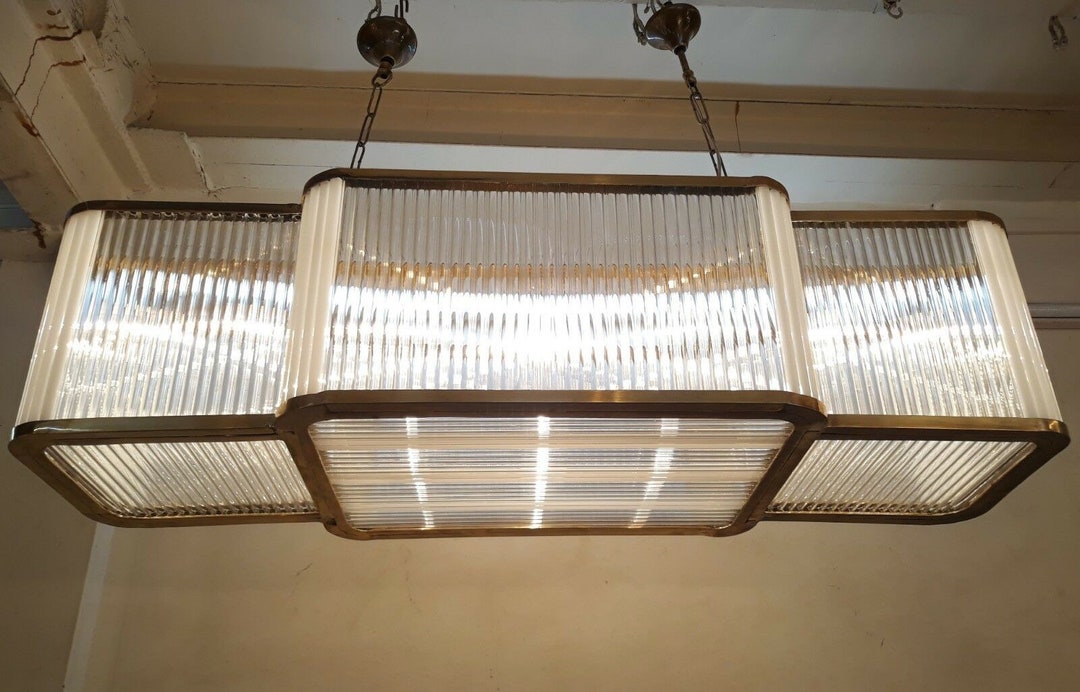 Vintage Art Deco Brass & Glass Rod Ceiling Fixture 6 Light Ship ...