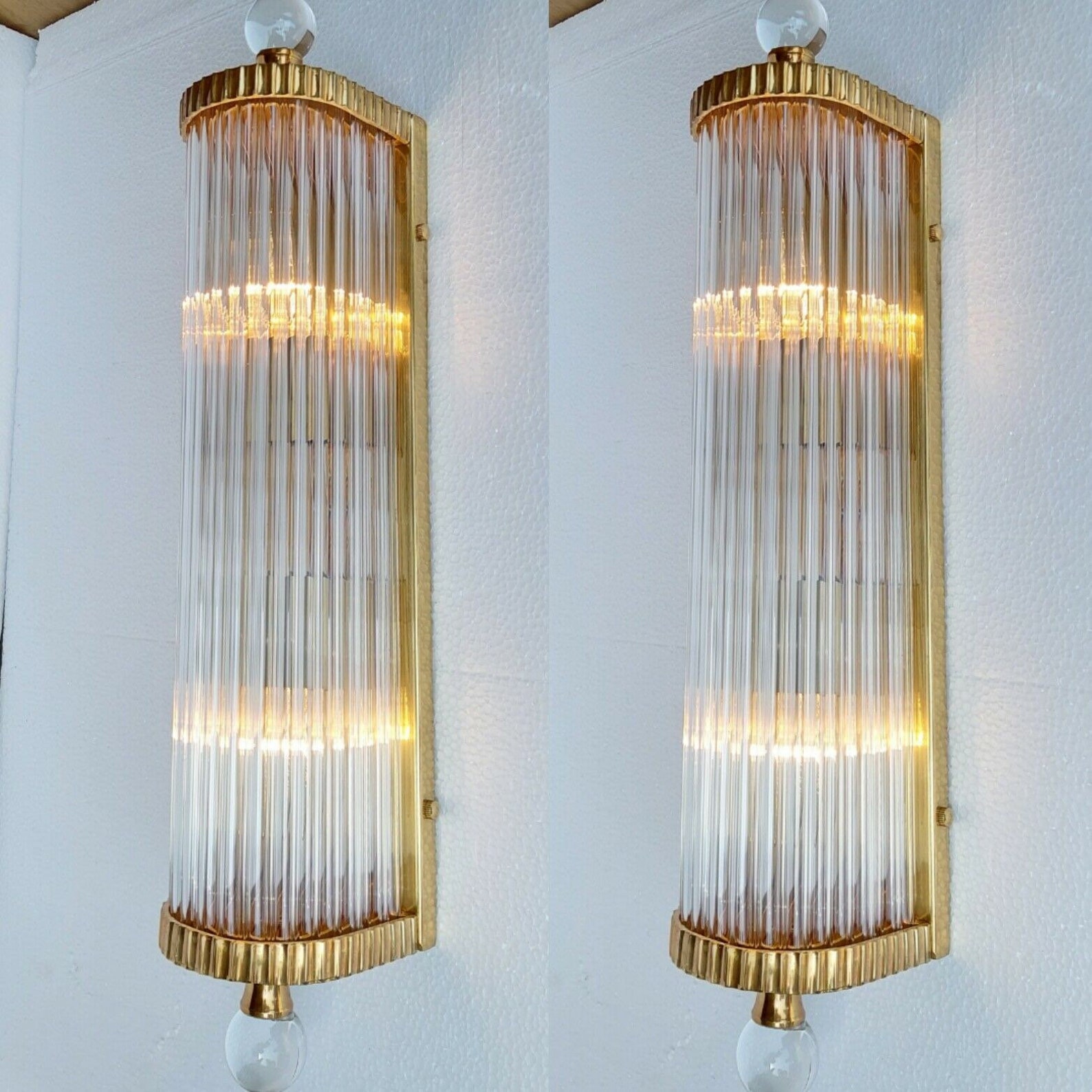 Pair of Vintage Old Art Deco Brass & Glass Rod Ship Crystal Ball Light ...