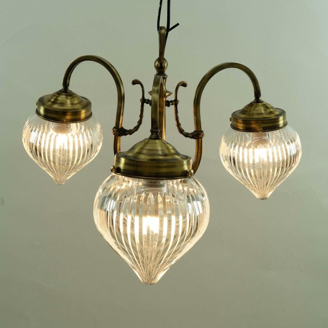 Antique Vintage Art Deco Chandelier Fixture in Brass & Teardrop Diamond ...