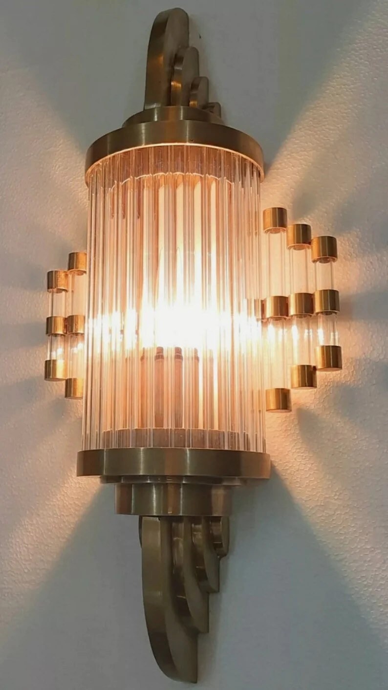 Vintage Art Deco Old Skyscraper Brass & Glass Rod Ship Light Lamp Wall ...