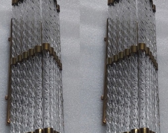 Pair Vintage Art Deco Light Old Lamp Wall Sconces Fixture Brass & Glass ...