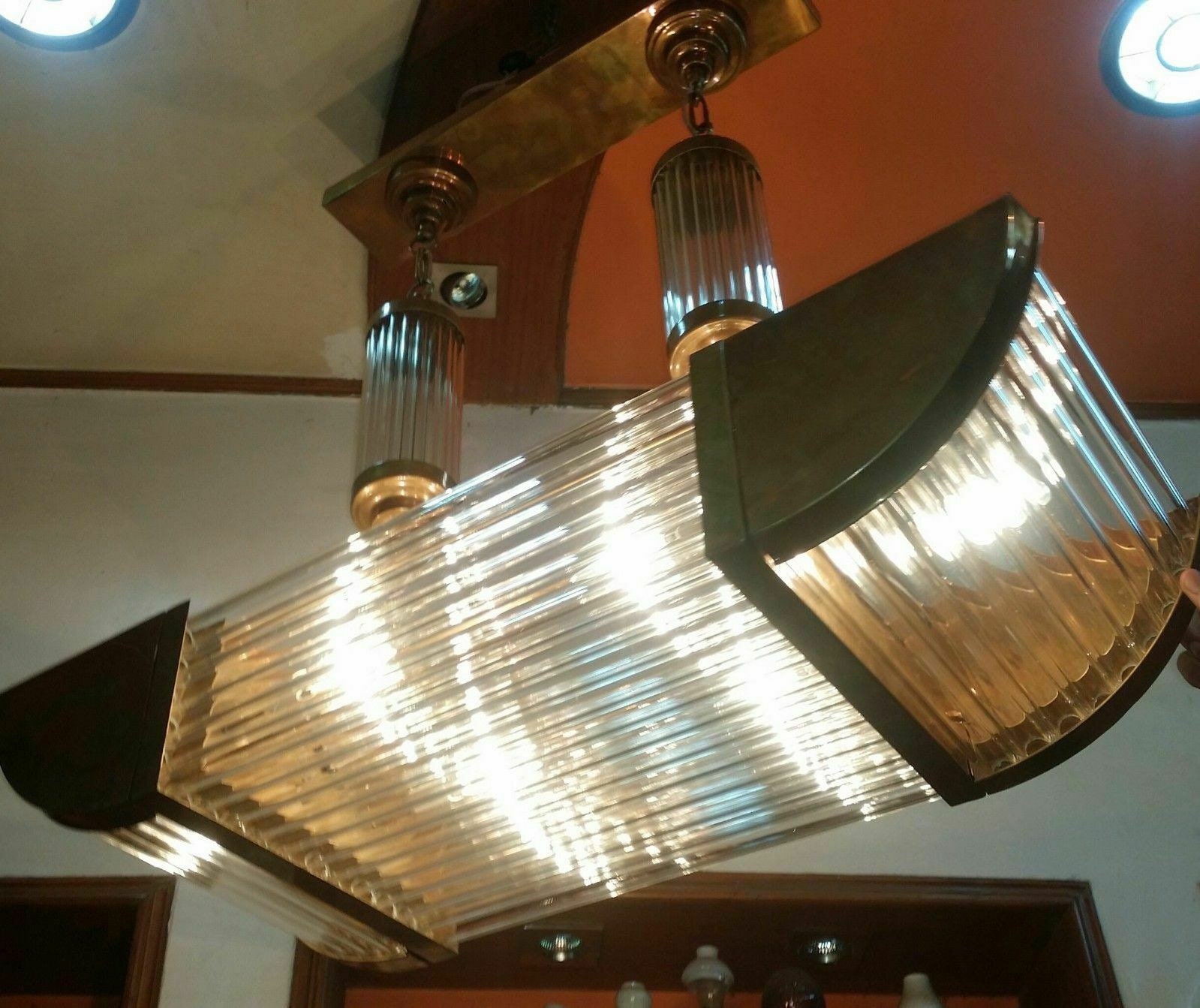 Vintage Art Deco Brass & Glass Rod Ceiling Fixture 6 Light Ship ...