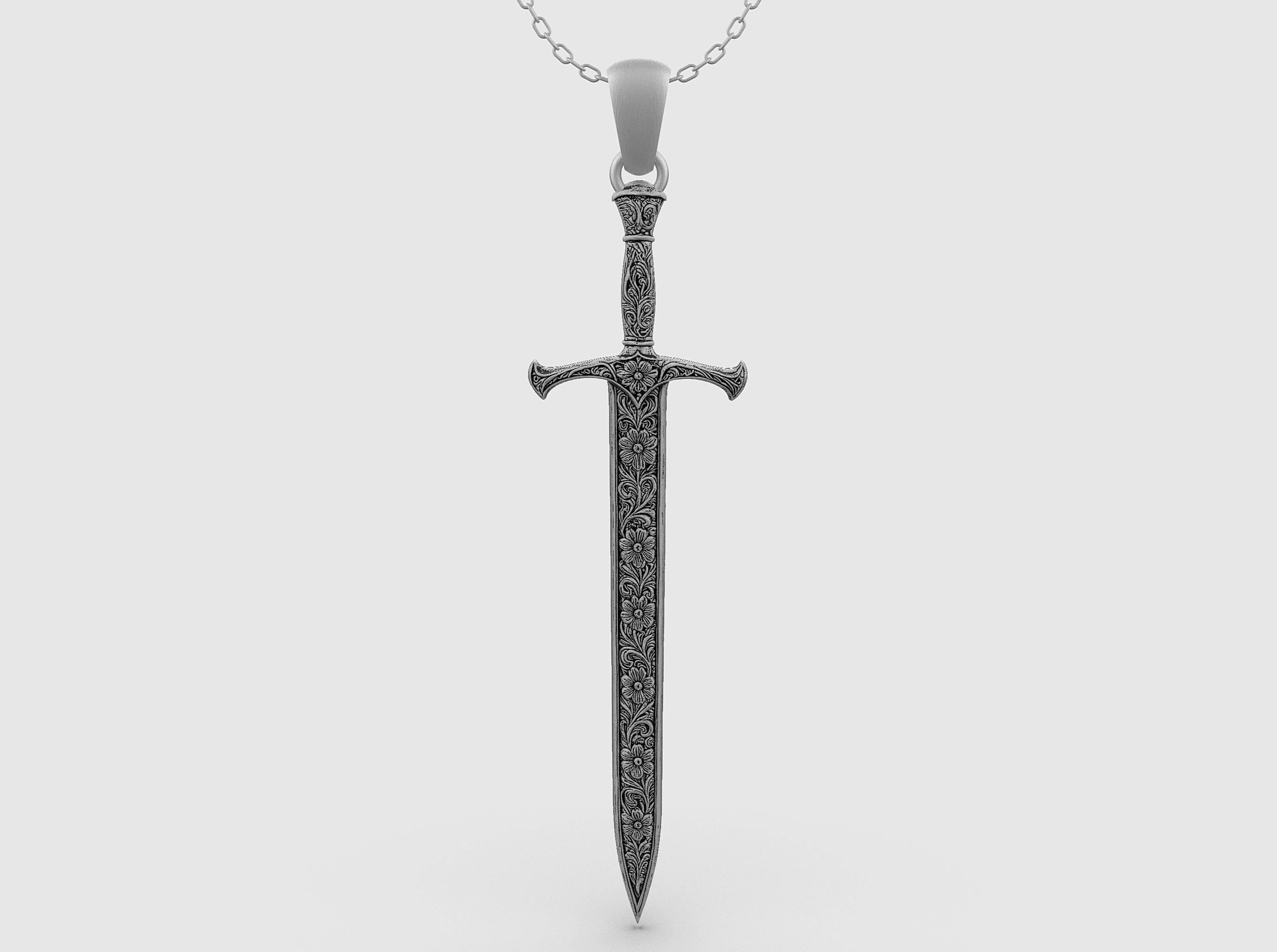 Long Floral Sword Silver Pendant – Sterling Silver Necklace for Men and ...