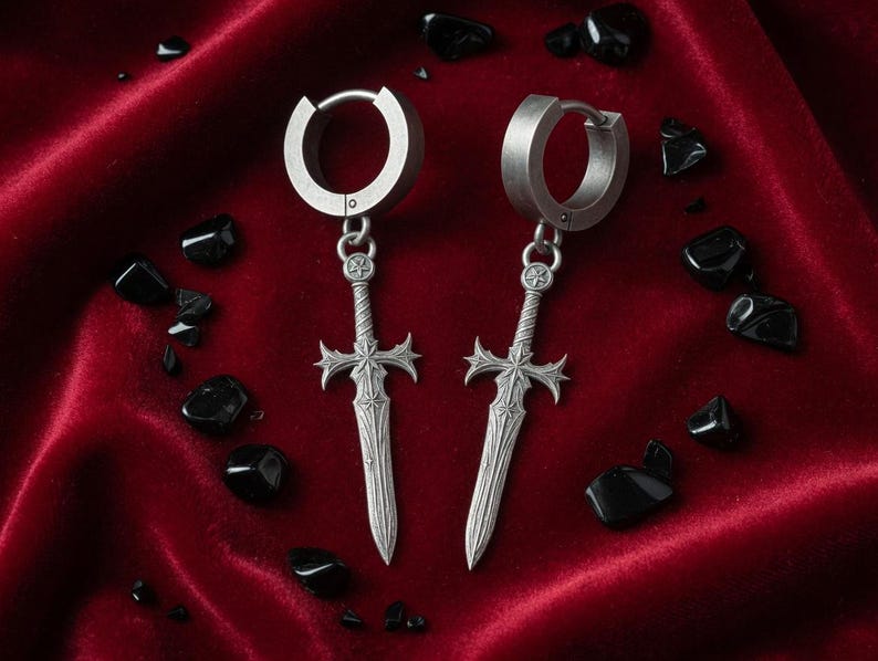 Silver Sword Earrings, Star Detail Dagger Charm, Medieval Weapon ...