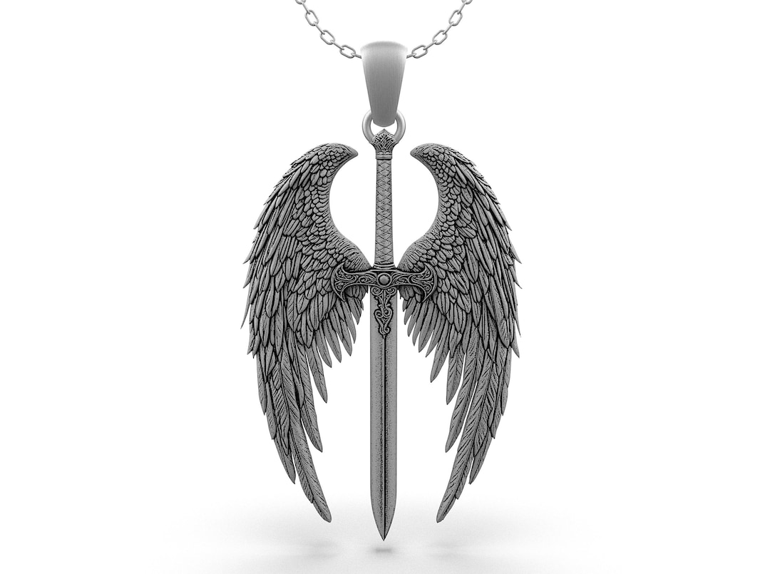 Sword Necklace – Silver Angel Wing Sword Pendant, Guardian Angel ...