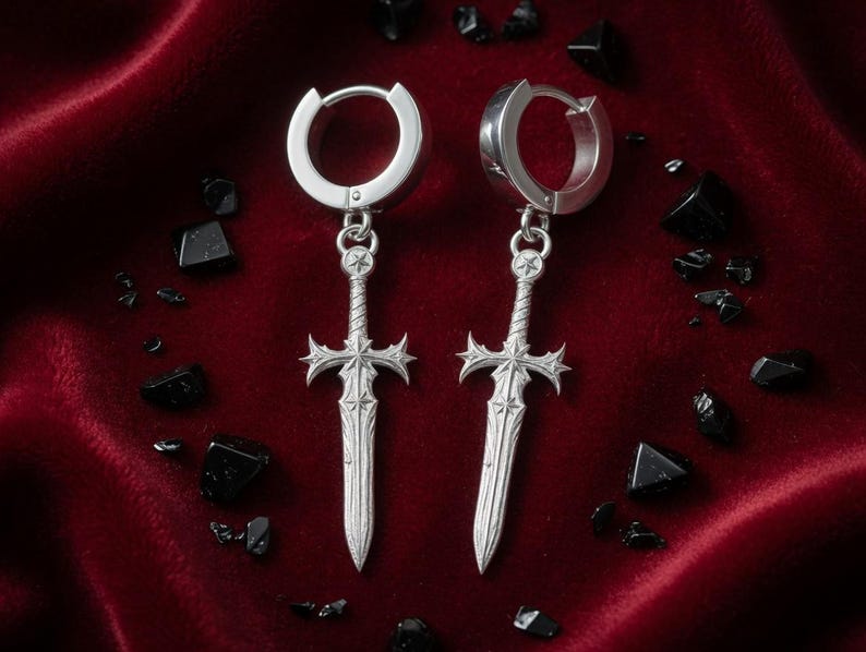 Silver Sword Earrings, Star Detail Dagger Charm, Medieval Weapon ...