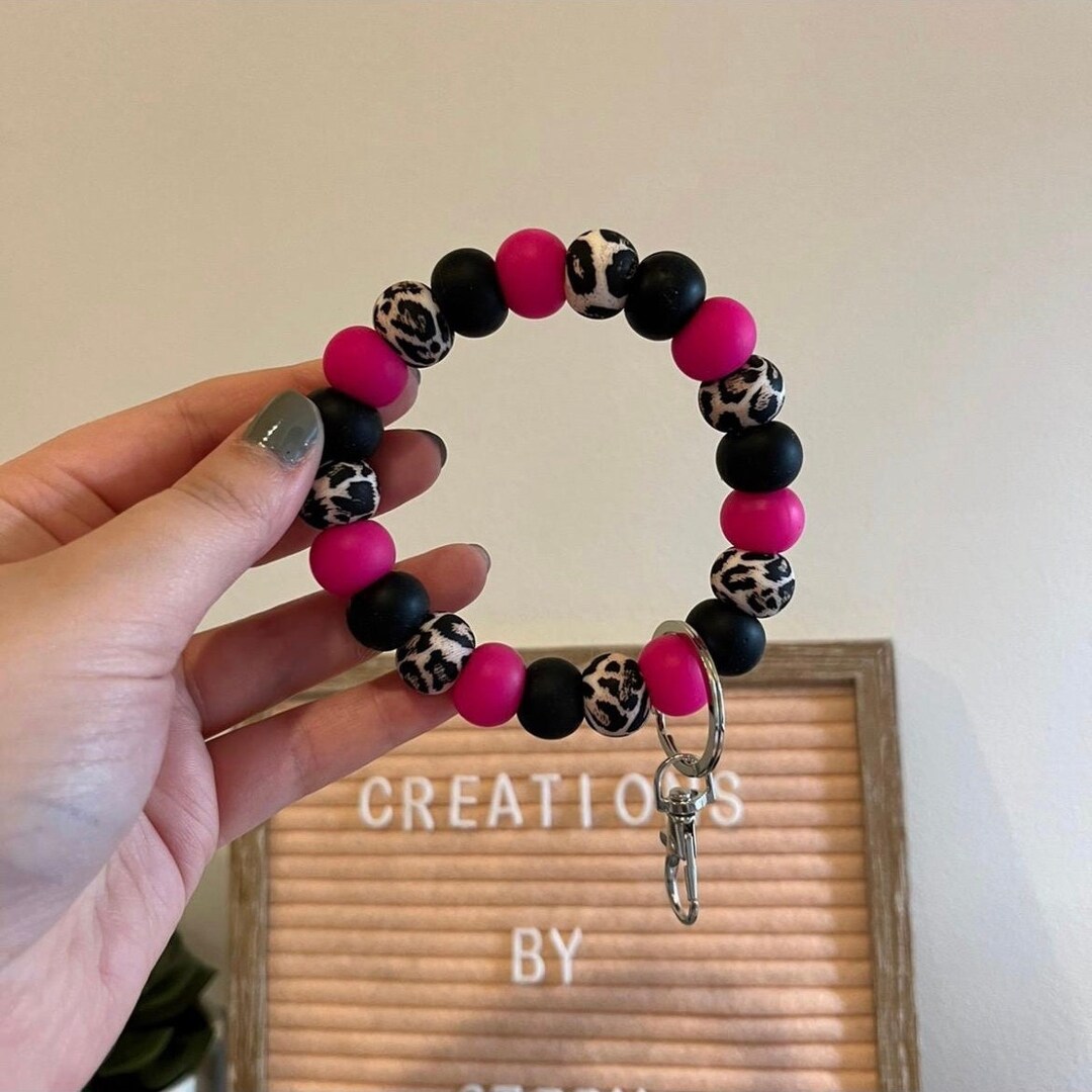 Hot Pink Leopard Wristlet Keychain Leopard Keychain Beaded Keychain ...