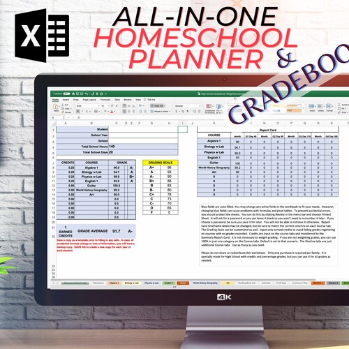 Homeschool Planner Gradebook Excel Template Attendance Tracker - Etsy