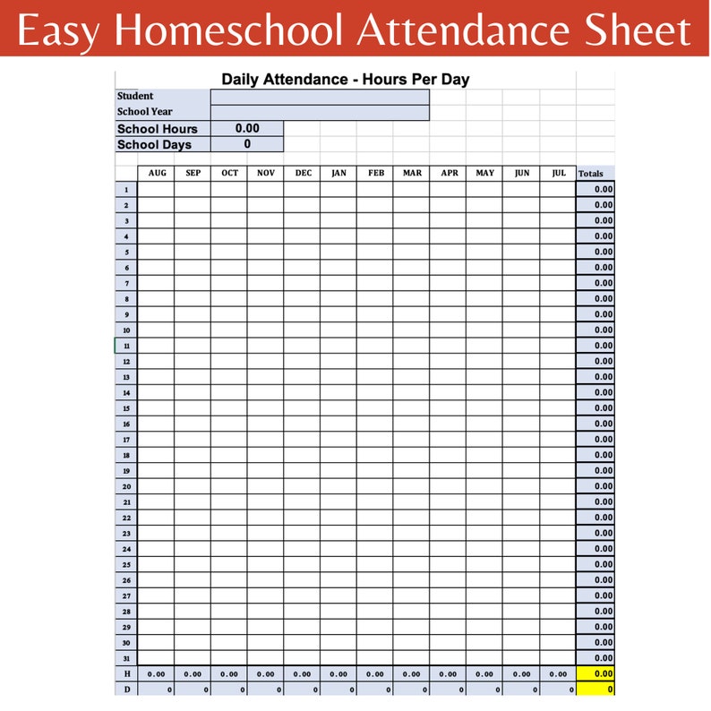 Homeschool Attendance Tracker | Simple Excel Spreadsheet | Student Name ...