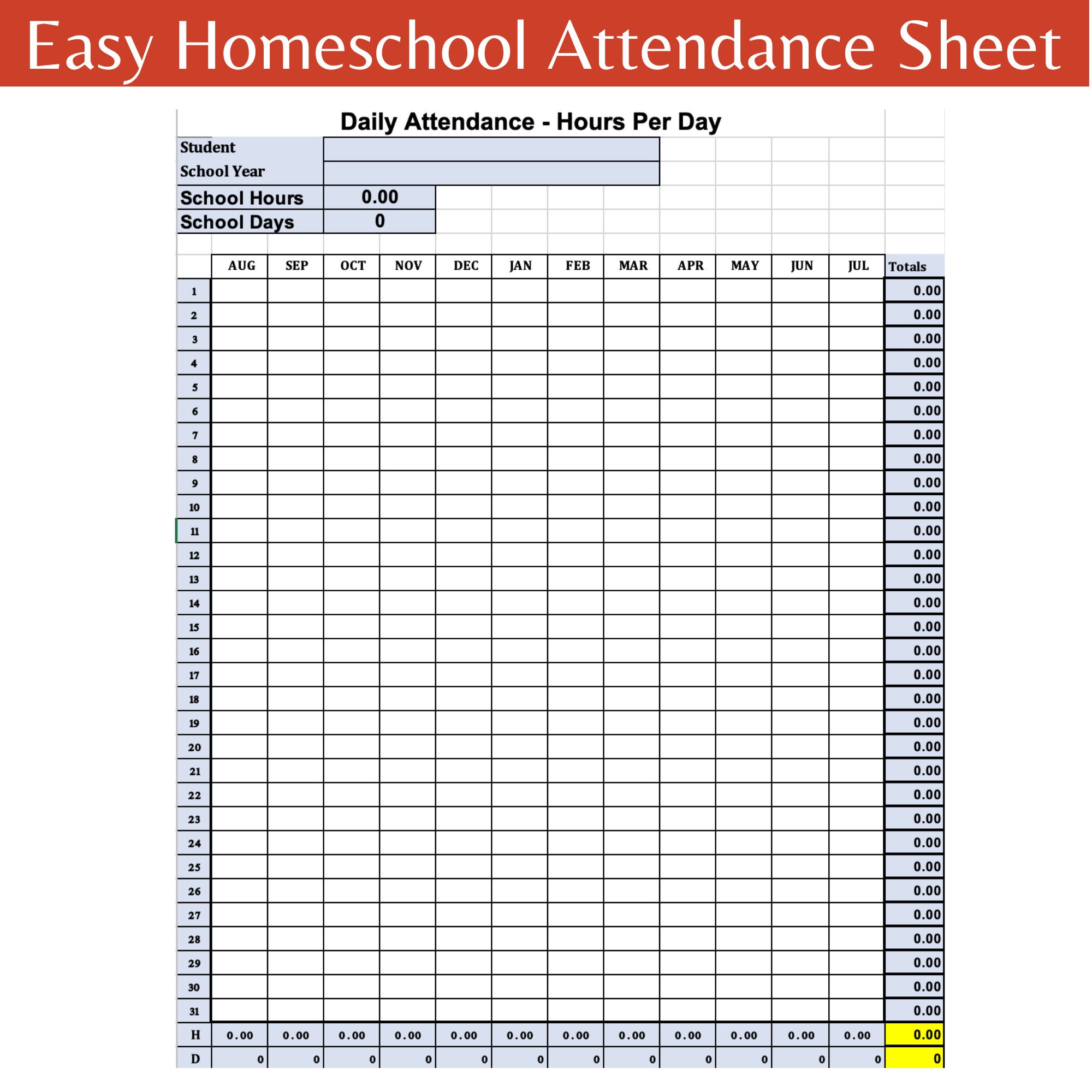 Homeschool Attendance Tracker | Simple Excel Spreadsheet | Student Name ...