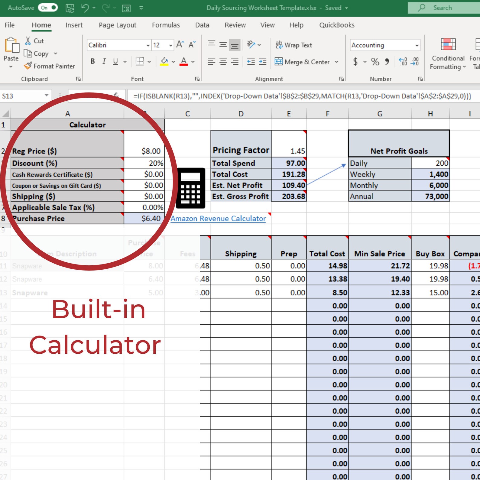 Reseller Sourcing Spreadsheet Amazon FBA ROI Calculator Excel & Google ...