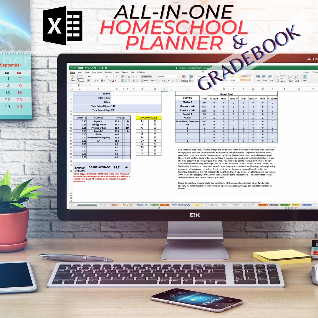 Homeschool Planner Gradebook Excel Template Attendance Tracker High ...