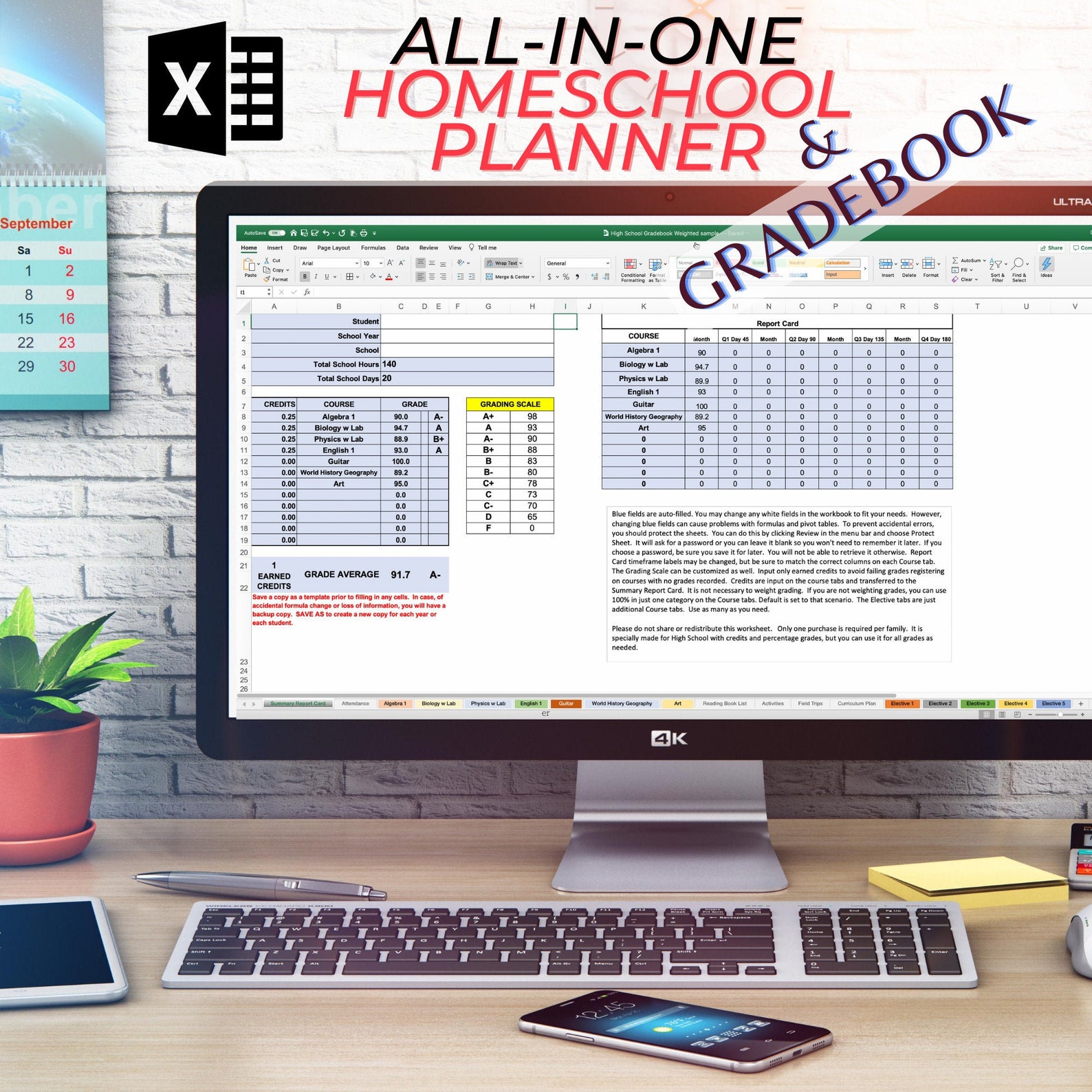 Homeschool Planner Gradebook Excel Template Attendance Tracker High ...