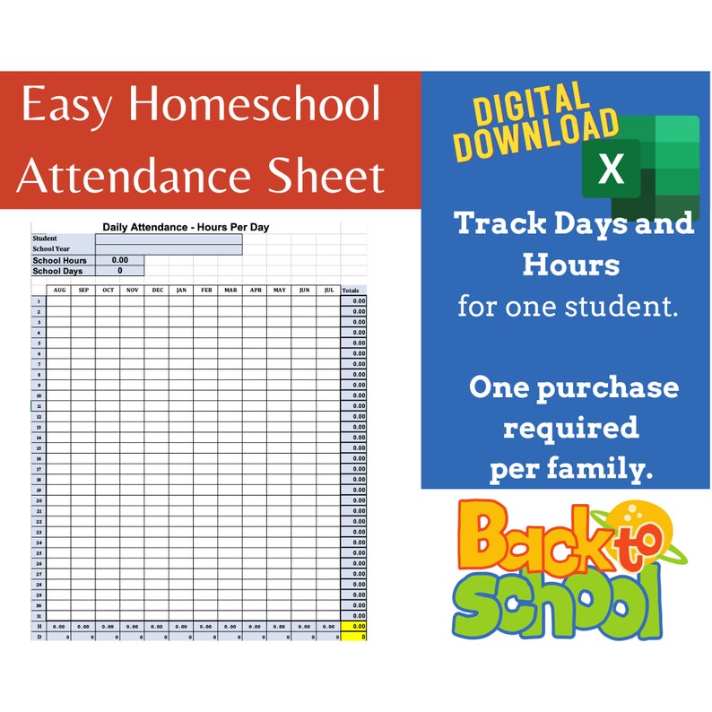 Homeschool Attendance Tracker | Simple Excel Spreadsheet | Student Name ...