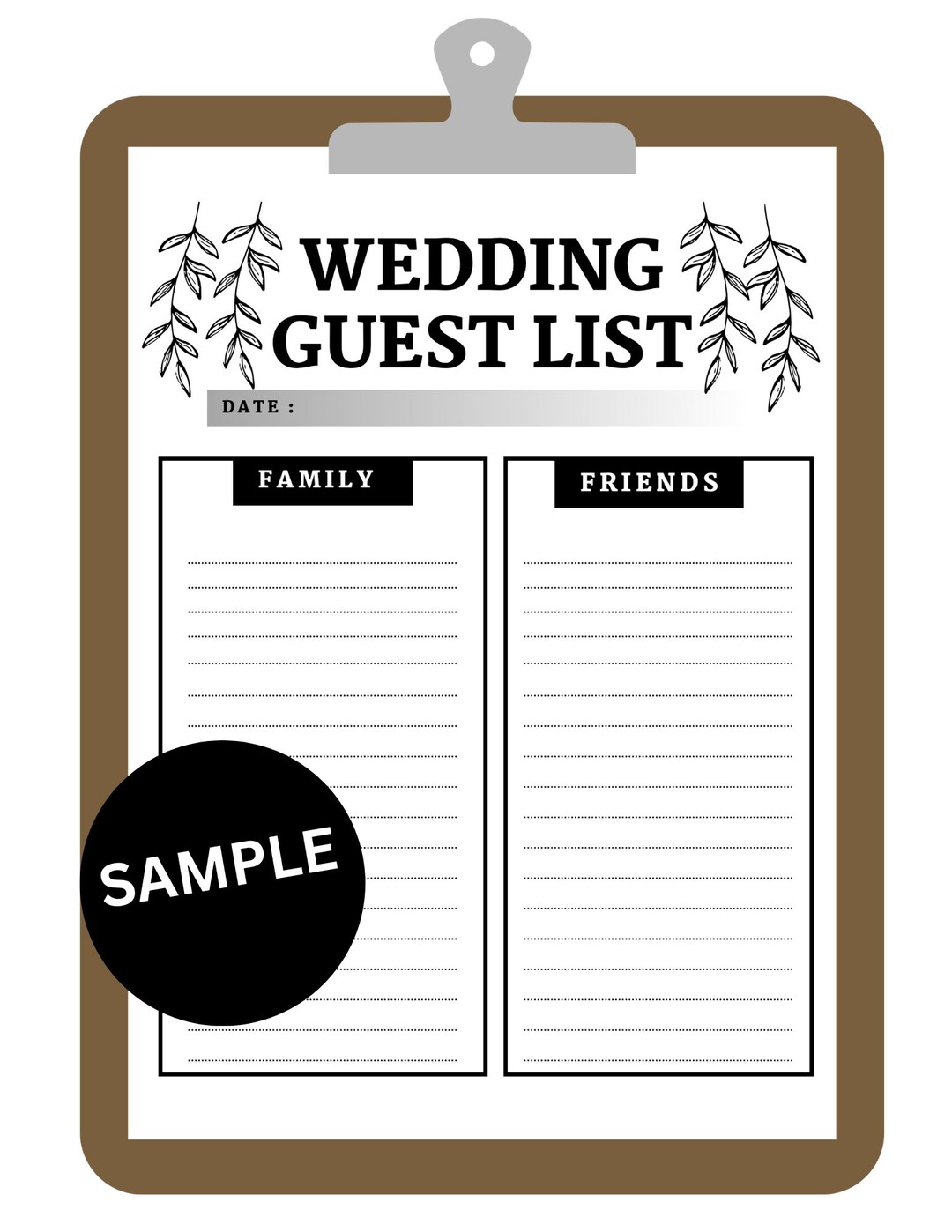 Printable Wedding Guest List, Family Friends, DIGITAL, DOWNLOAD, PDF ...