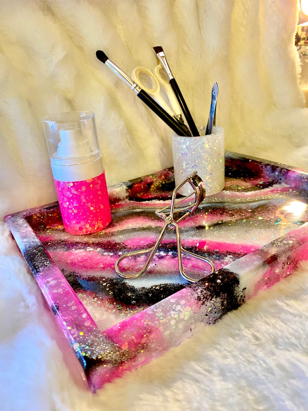 Vanity Tray / Jewelry Tray / Pink Glitter Tray / Bathroom Accessories ...